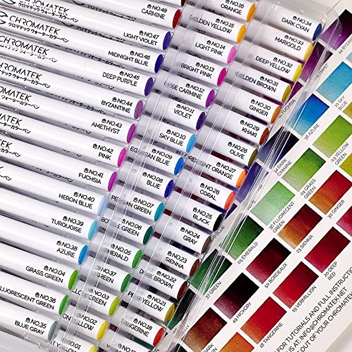 54 Watercolor Pens, 15 Page Pad & Online Video Tutorial Series by Chromatek. Real Brush Pens. 4 Blending Brushes. Easily Blendable. Vivid. Smooth. 50 Unique Colors. Professional Art Supplies