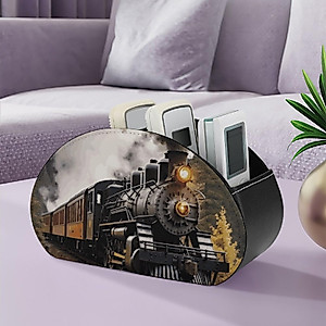 VFKLT Leather Remote Control Storage Box with 5 Compartments Double Sided Steam Train Printed Divided Organizer Store Controller Pen for Bedside Table Office