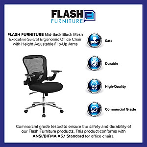 Flash Furniture Sam Mid-Back Black Mesh Executive Swivel Ergonomic Office Chair with Height Adjustable Flip-Up Arms