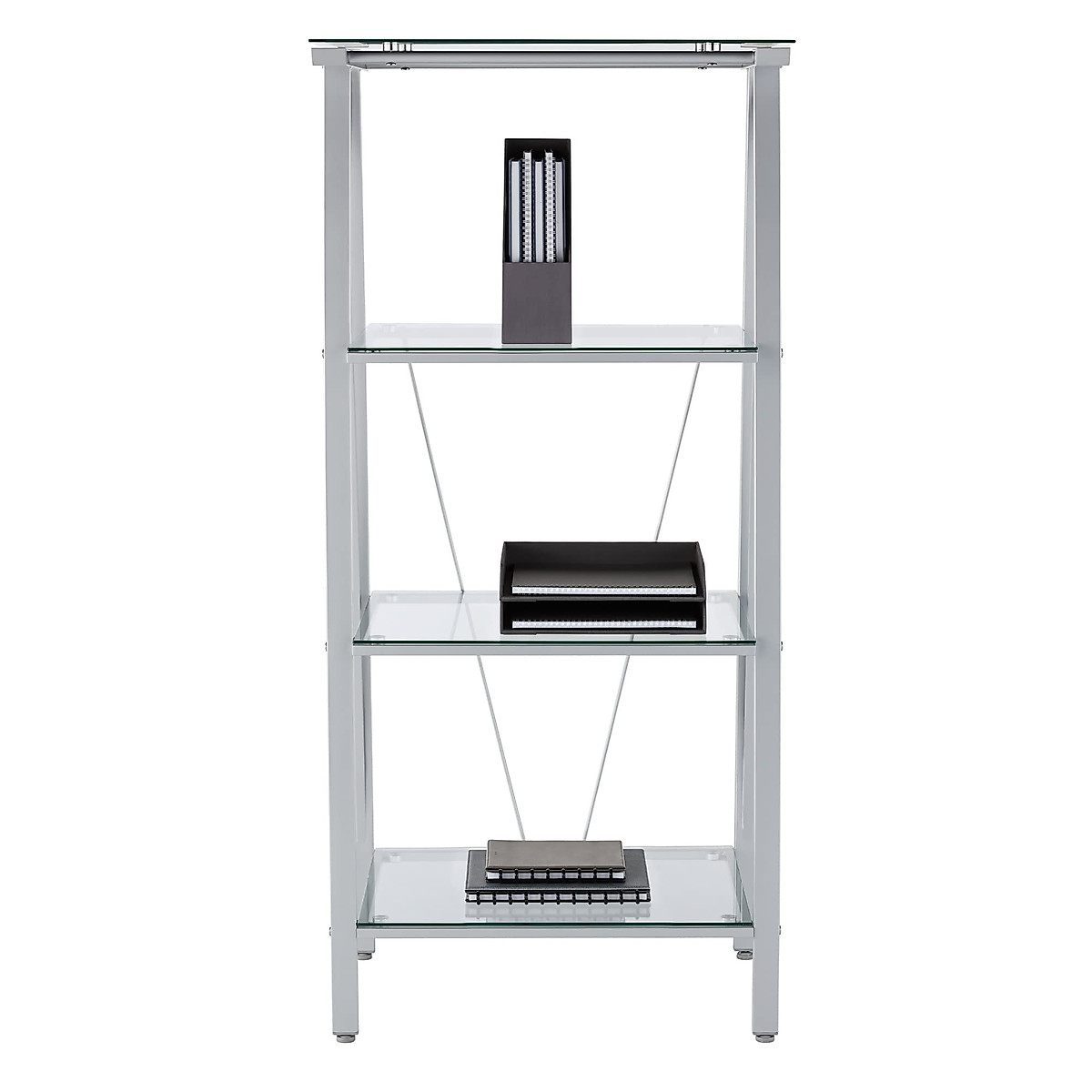 Realspace® Vista 60"H 4-Shelf Glass/Metal Bookcase, Clear/Silver