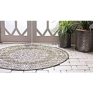 Unique Loom Outdoor Traditional Collection Area Rug - Timeworn (4' 1" Round, Green/ Gray)