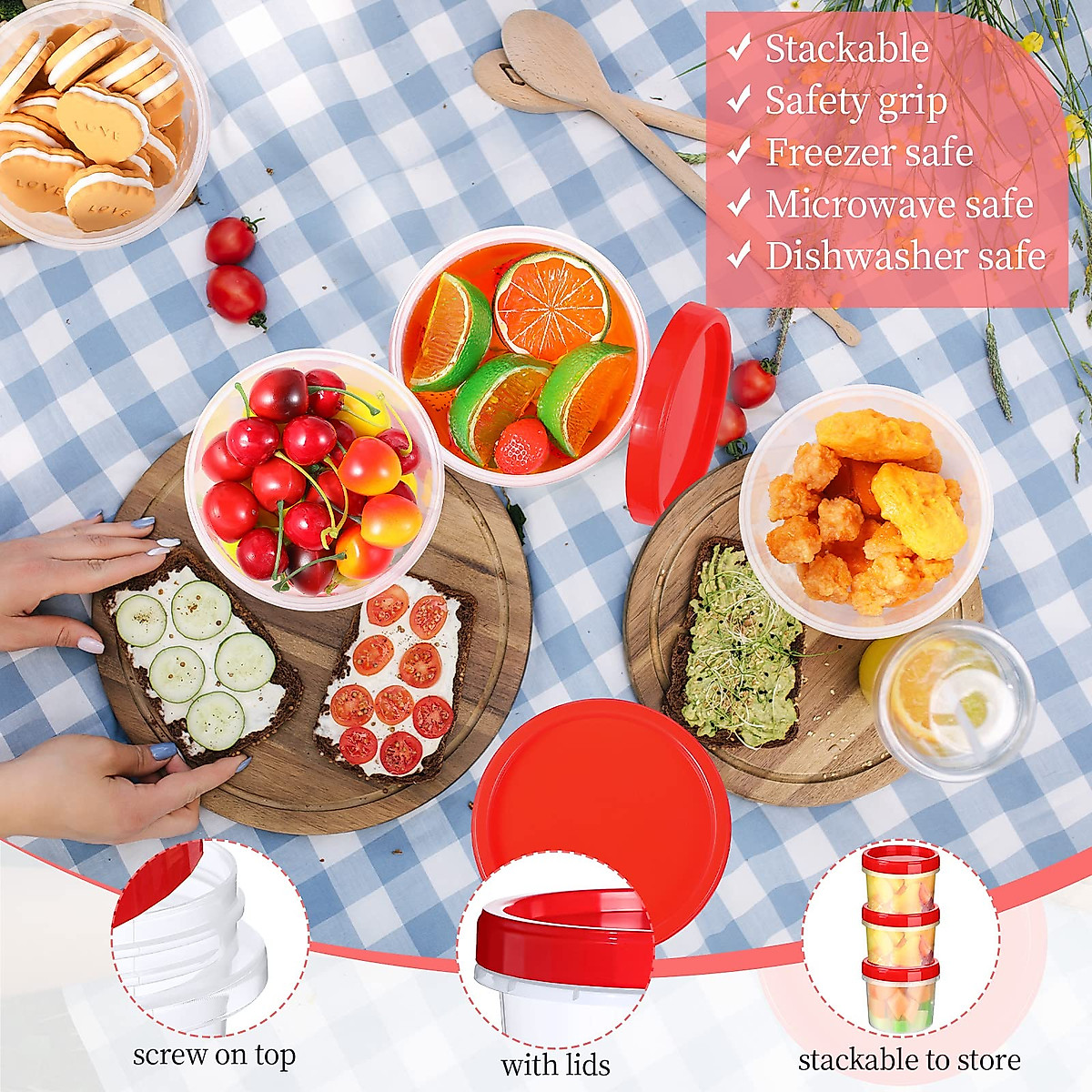 meekoo 48 Pcs Reusable Plastic Freezer Containers 24 oz Twist Top Food Soup Storage Leakproof Dishwasher Safe Containers Stackable Screw Top Containers for Kitchen House (Red)