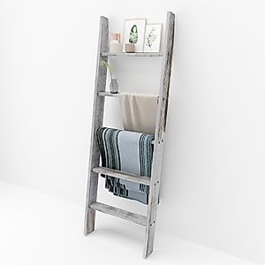 JAXPETY Farmhouse Wooden Blanket Ladder 4.5 FT Wall Leaning Towel Ladder Shelf Decorative Blanket Quilt Ladder Rack for Bathroom Living Room Bedroom, Vintage White
