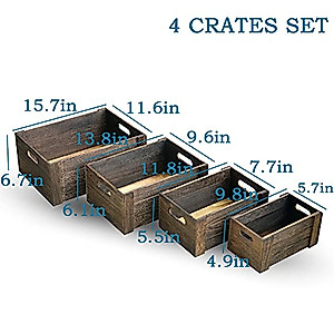REVOLUMINI Decorative Wooden Crate,Set of 4 Rectangle Storage Boxes, Nesting Storage Crates with Handles,Crates for Storage,Wooden Storage Bins (Brown)