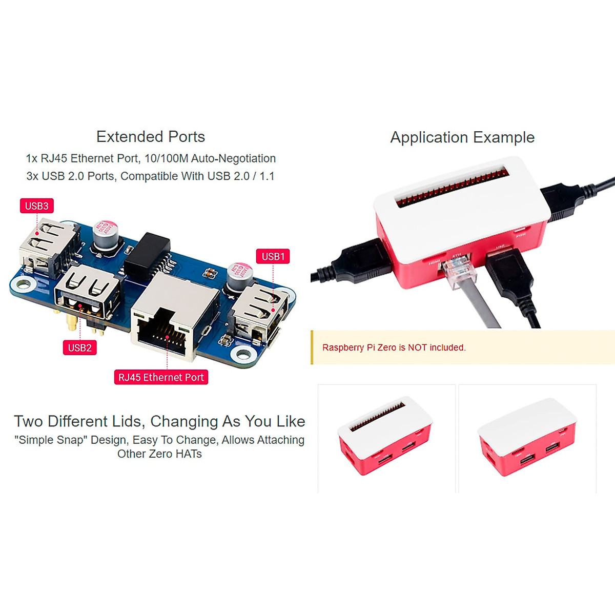 Ethernet/USB HUB HAT Board with ABS Case for Raspberry Pi Zero 2 W/Zero 2WH/Pi Zero/Zero W/Zero WH,with 3X USB Ports, Compatible with USB 2.0/1.1 and 1x RJ45 Ethernet Port 10/100M Auto-Negotiation