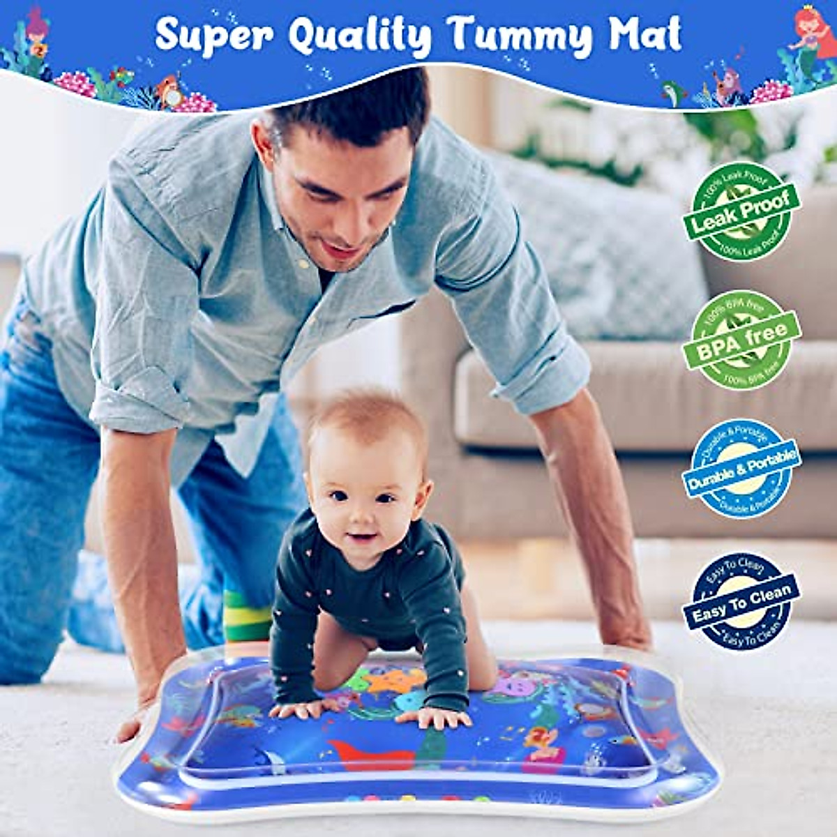 Ronipic Tummy Time Mat, Premium Baby Water Play Mat for Infants and Toddlers Baby Toys for 3 to 9 Months, Strengthen Baby's Neck and Muscles, Portable