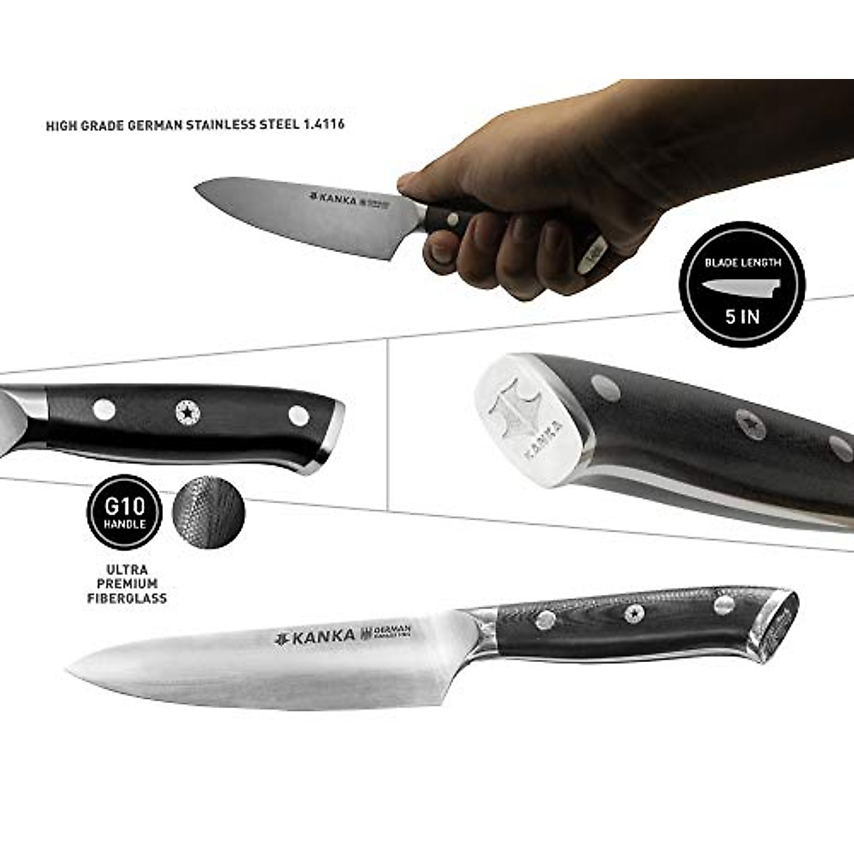 KANKA Grill 5" Utilility Kitchen Knife - Professional German Stainless Steel With Premium Fiberglass Handle, Razor Sharp, 4 ounces