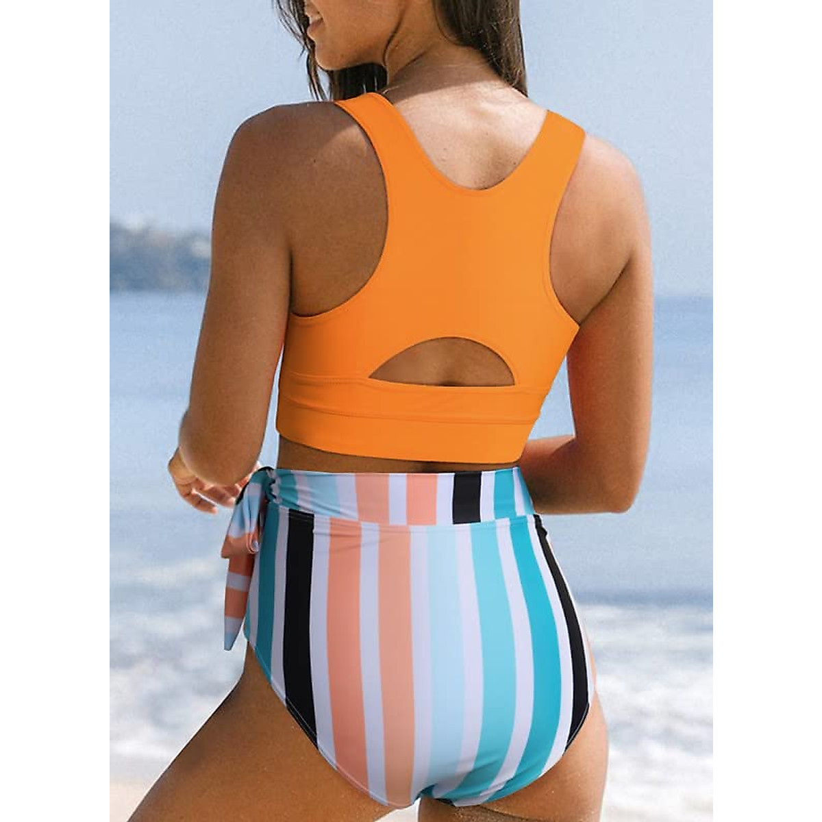 Dokotoo High Waisted Bikini Sets for Women 2024 Beach Scoop Neck Sleeveless Racerback Striped Print Trendy Swimsuit Sexy High Cut Tummy Control Bathing Suit Orange Large