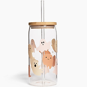 Sweet Water Decor Pink Ghost Can Glass Cup with Bamboo Lid and Straw - Iced Coffee Glass with Ghost Pattern for Seasonal Brew & Festive Cocktail - Halloween Glass Cups Designed in the USA - 17oz