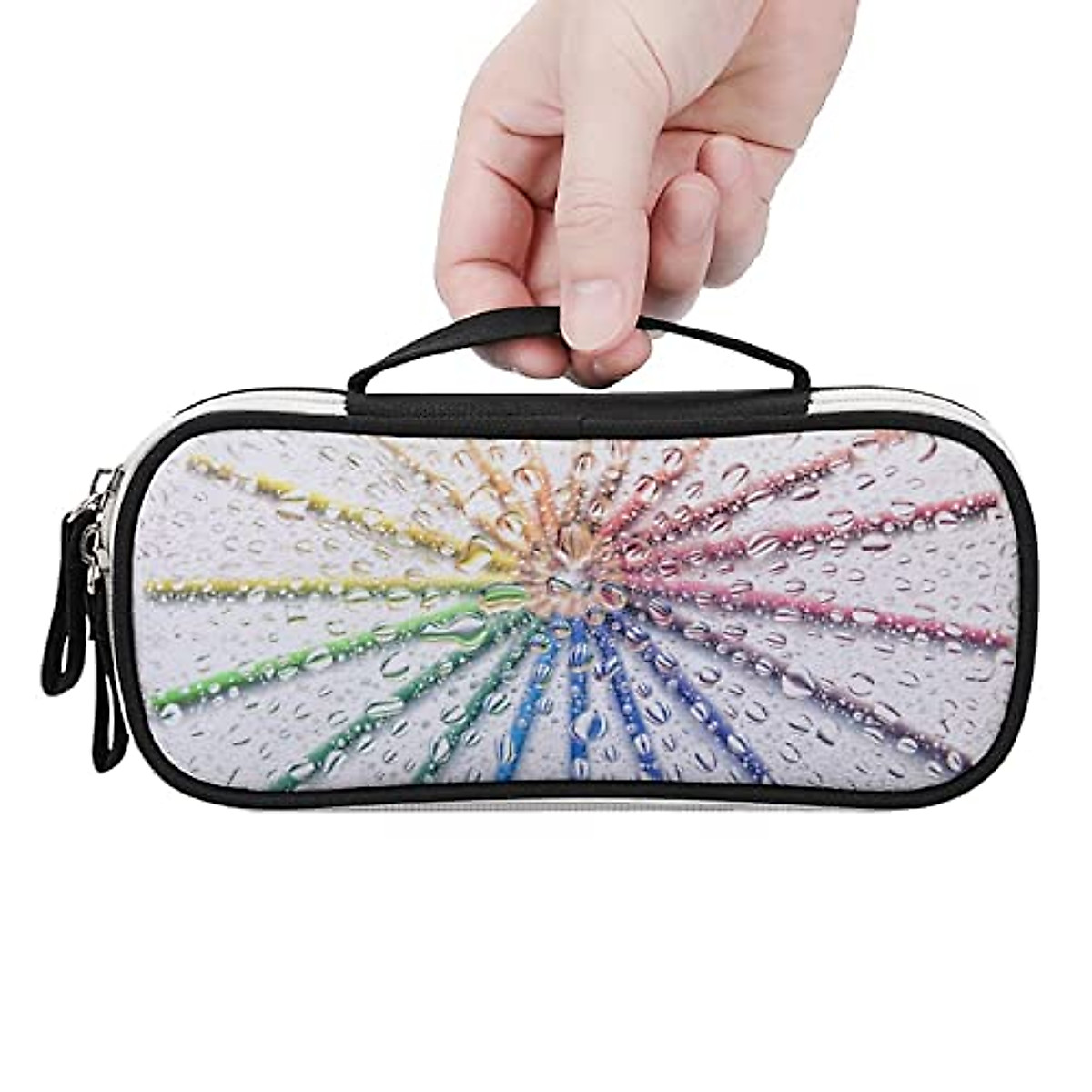 Funny Color Pencils Through The Glass Printed Pencil Case Bag Stationery Pouch with Handle Portable Makeup Bag Desk Organizer