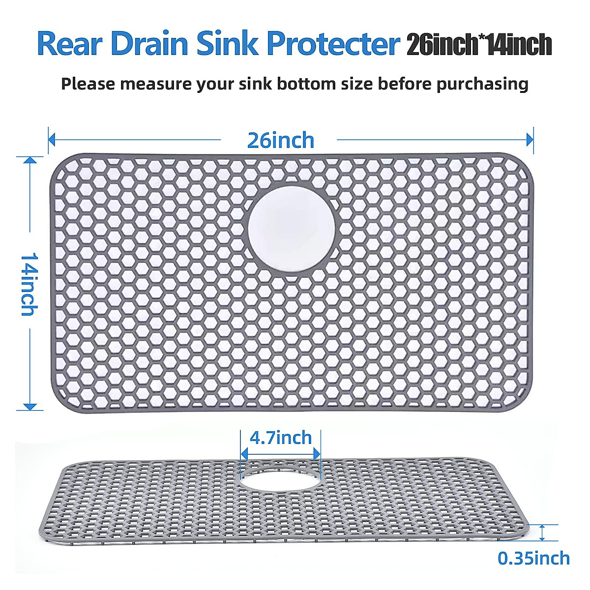 Eqivei Silicone Sink Protectors for Kitchen, 26''x 14'' Heat Resistant Kitchen Sink Mat for Bottom of Stainless Steel/Porcelain Sink,Rear Drain, No-Slip Sink Grid Accessories