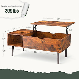 NEWBULIG Coffee Storage Table with Lift Top Panel and Hidden Compartment Wooden Rising Tabletop Snack Organize Shelf for Dinning Center Drawing Room, Brown