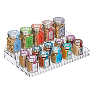 mDesign Plastic Kitchen Food Storage Organizer 2-Tiered Shelves, Spice Holder Rack Steps for Cabinet, Cupboard, Counter, Pantry - Holds Seasoning, Canned Food, Condiments - Ligne Collection - Clear