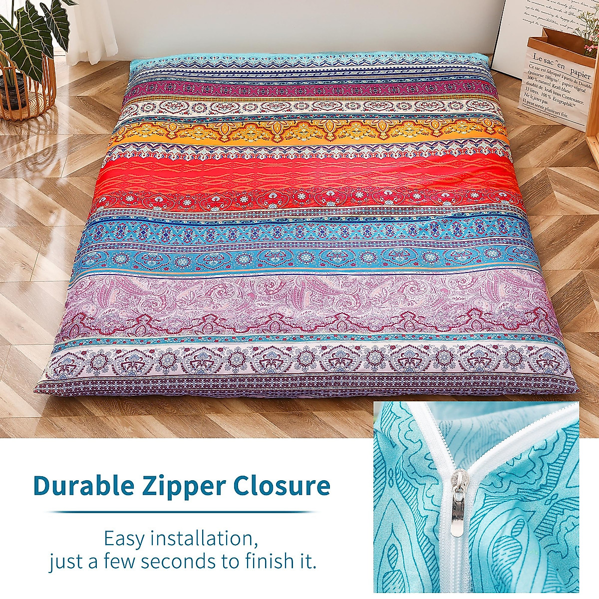 MAXYOYO Mattress Cover for Traditional Japanese Futon Mattress, Futon Floor Mattress Cover with Zipper, Super Soft and Machine Washable, Boho Style, Full