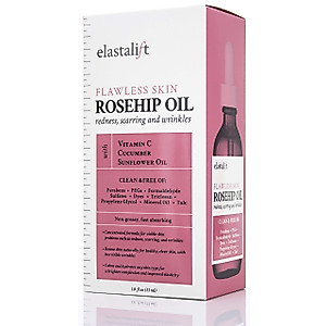 Elastalift Rosehip Oil for face with Vitamin C and Cucumber. Pure Rosehip face oil helps with Wrinkles, Scarring, and Redness for a brighter skin complexion. 1.8 Fl Oz