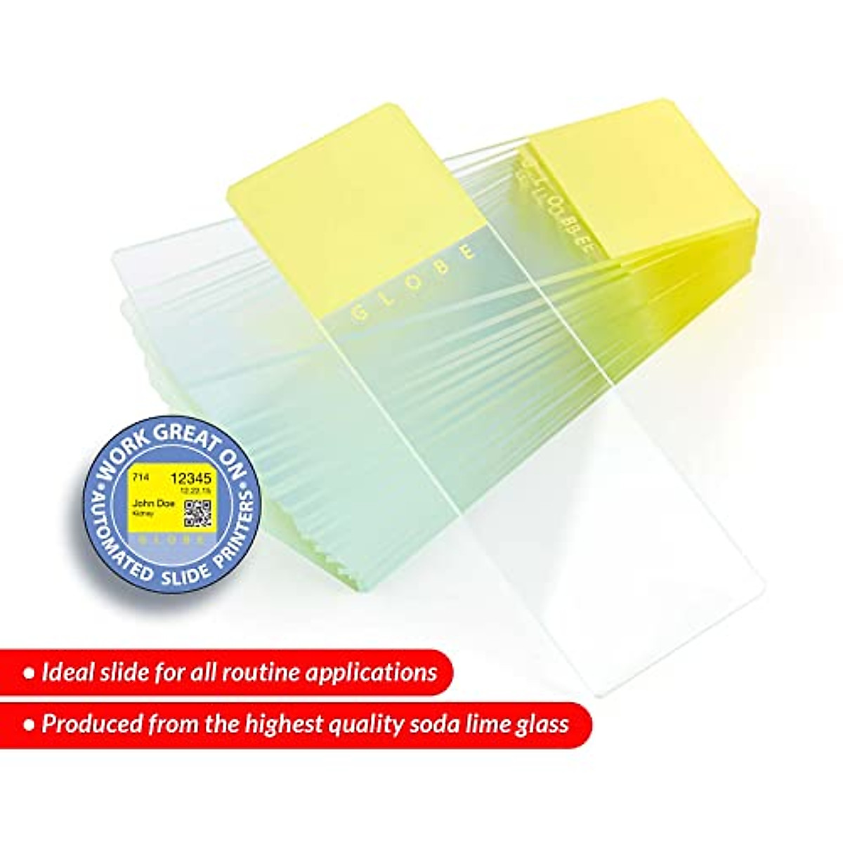 Globe Scientific 1324Y Glass Microscope Slide, 25 x 75mm Size, Ground Edges with Safety Corners, Yellow Frosted (1,440 slides)