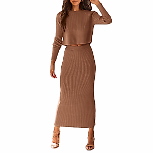 PRETTYGARDEN Women's Fall 2 Piece Sweater Set Rib Knit Long Sleeve Crop Top Maxi Bodycon Skirt Casual Winter Outfits (Brown,Small)