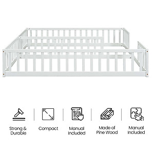 Mirightone Double Floor Bed Frames for Kids, Wood Montessori Bed with Fence Rails, Two Twin Bed Frames for Kids Boys Girls Children, White