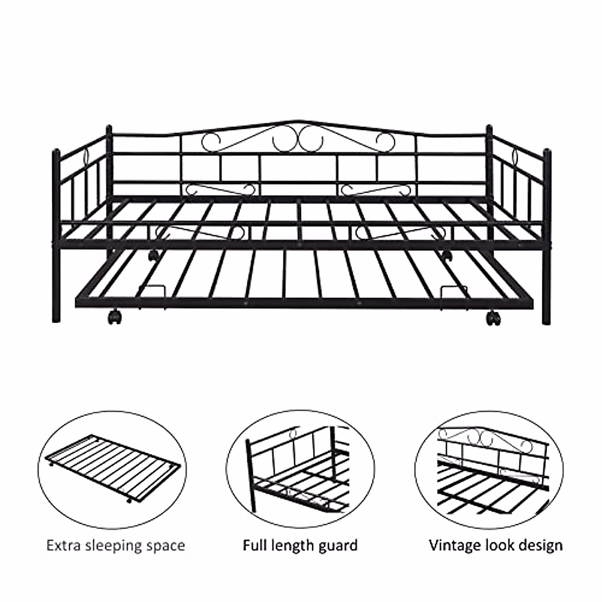 Lostcat Twin Size Daybed Bed with Trundle,Metal Bedframe with Safety Guardrails & Heavy Duty Steel Slat Support,for Kids Teens Adults.No Box Spring Needed (Black)