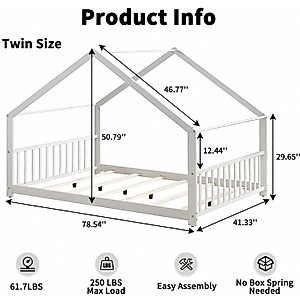 Pipleo Full Size Floor Bed, Wood House Bed with Headboard and Footboard, Montessori Wood Bed, Playhouse Toddler Floor Bed Frame for Boys, Girls, No Box Spring Needed (White, Full Size)