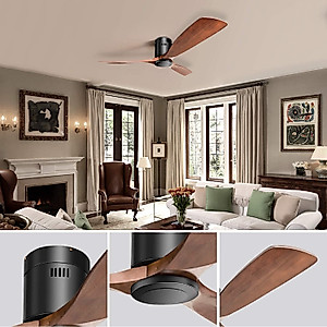 Sofucor 52" Flush Mount Ceiling Fan no Light and Remote Control, Indoor Outdoor Ceiling Fans Without Light, Quiet Energy Saving with 6 Speeds, Timer, Brown