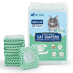 Pet Soft Disposable Cat Diapers - Diapers for Female & Male Cats, Puppy Doggie Diapers for Female Dogs with Adjustable Foam Tail Hole, Medium (24Pcs, Green)