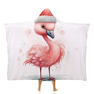 Hooded Blankets Flamingos Wear Santa Hats Wearable Hooded Blanket Cape Winter Flamingo Fleece Blanket Cloak Cape Blanket Fit for Kids Adults Teens for Couch Bed 40"x50" Spring Summer Blanket Hoodie