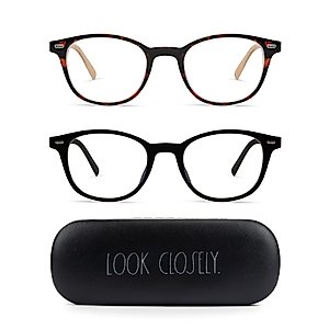 Rae Dunn "ELIZA Blue Light Blocking Reading Glasses - 2 Pack w/LOOK CLOSELY Signature Font Hard Case (Glossy Standard Tortoise/Glossy Jet Black, +0.0)