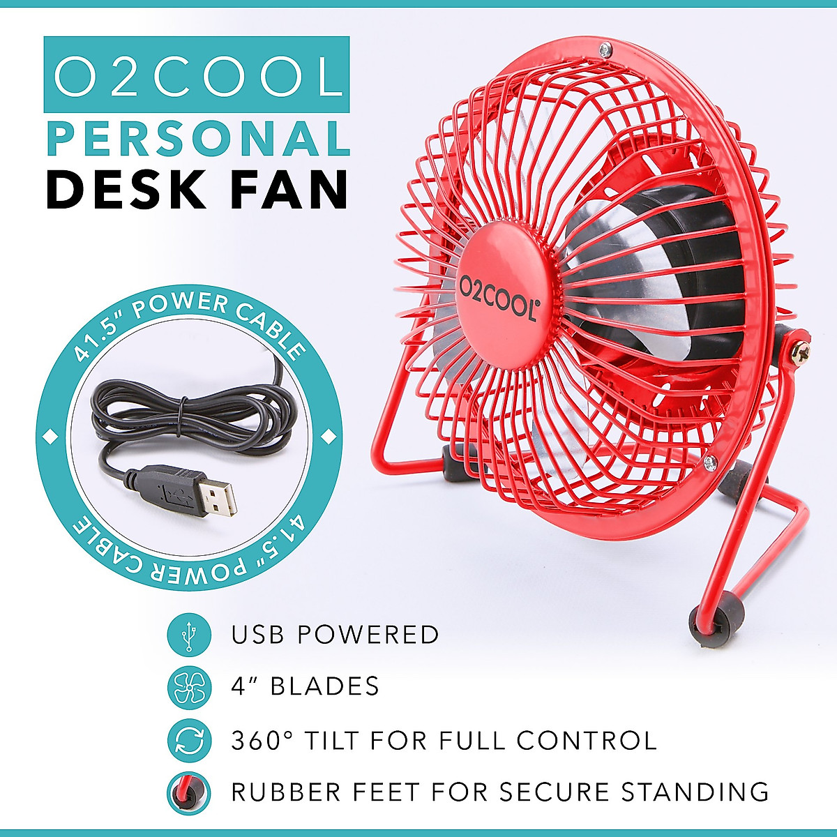 O2COOL 4" USB Personal Desk Fan – Portable Mini Table Cooling Fan - Plugs into Computer - Adjustable 360° Tilt, Quiet, Rubber Grip Feet - Red