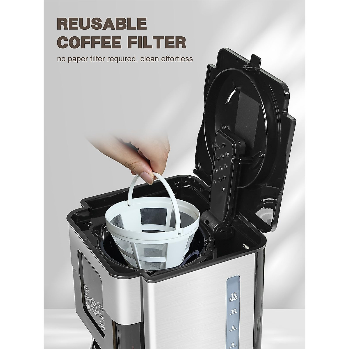 Homtone Coffee Maker 12 Cup Programmable, Anti-Drip Digital Coffee Machine, Brew Strength Control Coffee Maker for Hot Coffee, Stainless Steel, LCD Touch Screen, Permanent Filter, 1000W