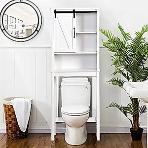 4 EVER WINNER Farmhouse Over The Toilet Storage, 67" Over The Toilet Bathroom Organizer with Sliding Barn Door, Freestanding Bathroom Space Saver Over Toilet with Adjustable Shelf, White