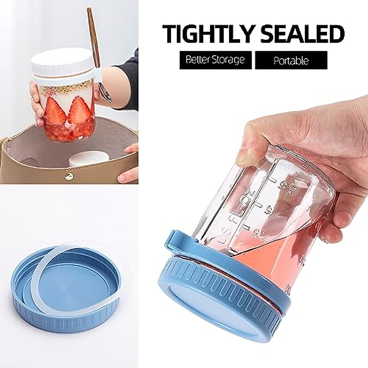 Tecbeauty 4 Pack Overnight Oats Containers with Lids and Spoons, 16 Oz Glass Mason Jars for Cereal, Milk, Vegetable and fruit Salad Oatmeal Container with Measurement Marks