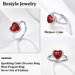 Bestyle 925 Sterling Silver Created Diamond Rings Heart Crytsal Rings for Women, 8mm January Granet Birthstone Gemstone Rings Illuminated by 1mm White Cubic Zirconia
