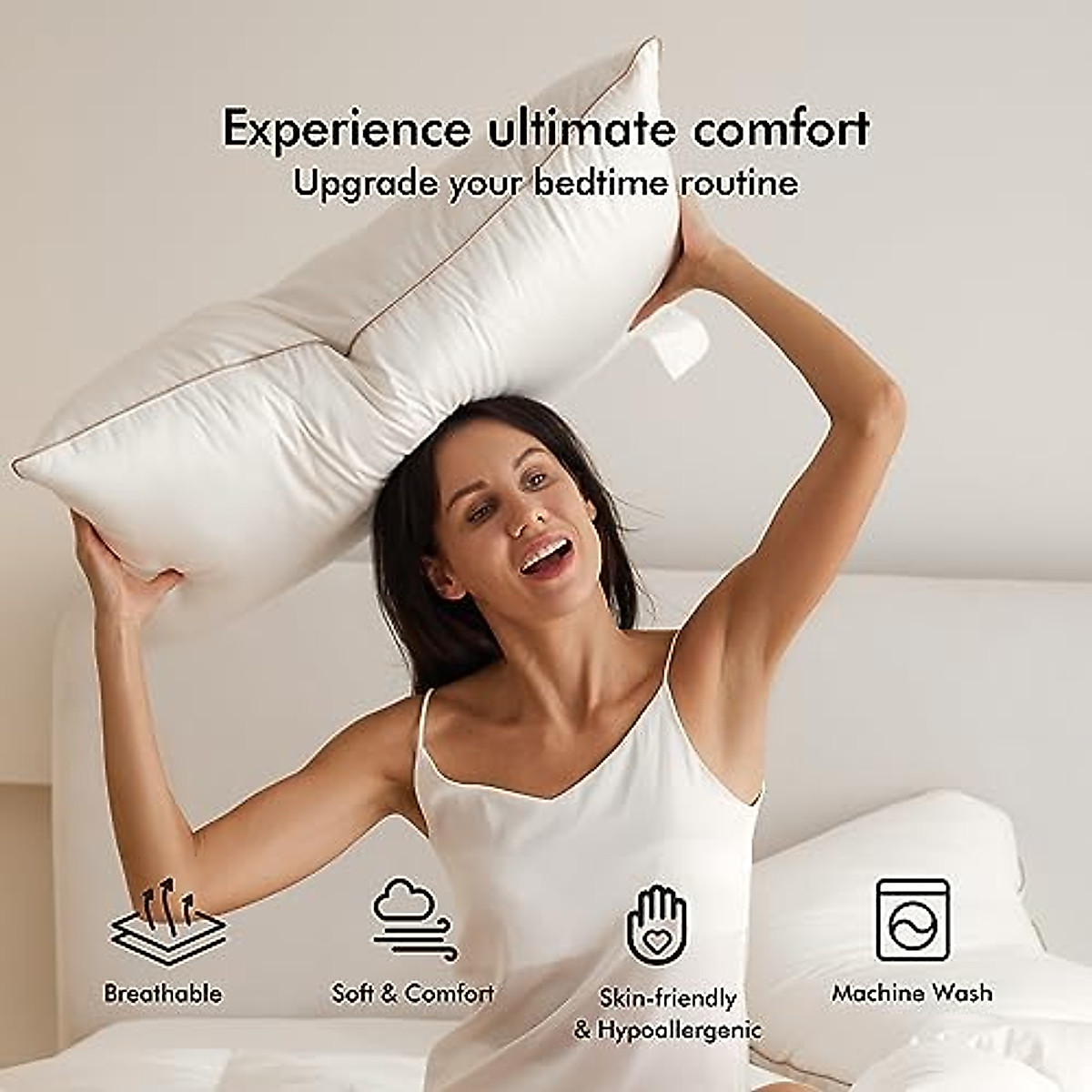 Royoliving 100% Cotton Cover Bed Pillow for Sleeping - Standard Size Set of 2 for Side Back or Stomach for Comfortable Fall Asleep (26"×20", White)