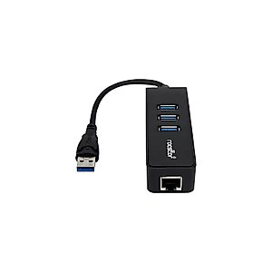 Rocstor Y10A179-B1 Premium 3 Port Portable USB 3.0 Hub with Gigabit Ethernet 10/100/1000– External Portable 3 Port USB Hub with GbE Adapter - Built-in Cable - USB, Black
