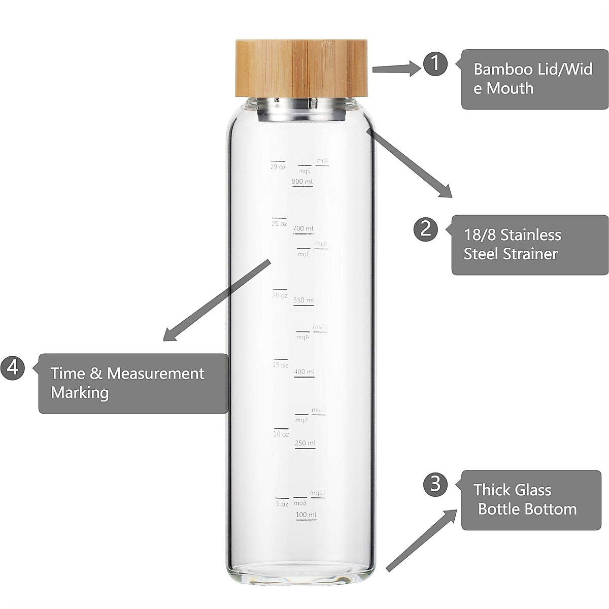 sunkey Glass Water Bottle 32 oz Wide Mouth with Sleeve Bamboo Lid Motivational Water Bottle With Time Marker Reusable Safe for Hot Cold Drinks Bpa Free (Gray)