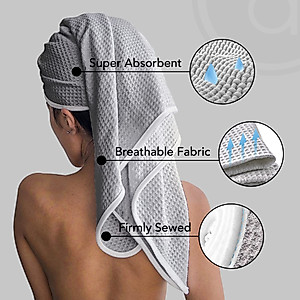Microfiber Hair Towel Wrap for Women - Extra Large 45 x 25" Hair Towels for Long Hair – Anti Frizz Breathable Quick Dry Towel for Wet, Curly, Straight, with Elastic Loop - Waffle Knit Towels - Grey