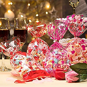 Whaline 150 Pieces Valentine Cellophane Treat Bags Heart Prints 4 Style Clear Cello Candy Bags with 150Pcs Twist Ties Mixed Heart Plastic Goody Gift Bags for Valentines Wedding Party Supplies