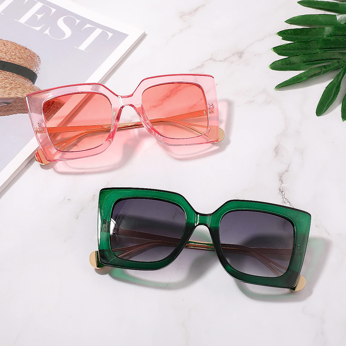 FEISEDY Sunglasses Womens Trendy, Oversized Square Shades, Pearl Inlay Cat Eye Frame UV400 Protection B2625,Clear Green/Gradient Grey