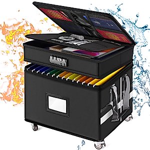 Fireproof Document Box with Lock, 2 Layer File Organizer Box with Wheels, Collapsible Safe File Box Document Organizer for Home Office,Rolling File Cabinet for Hanging Letter/Legal Folder