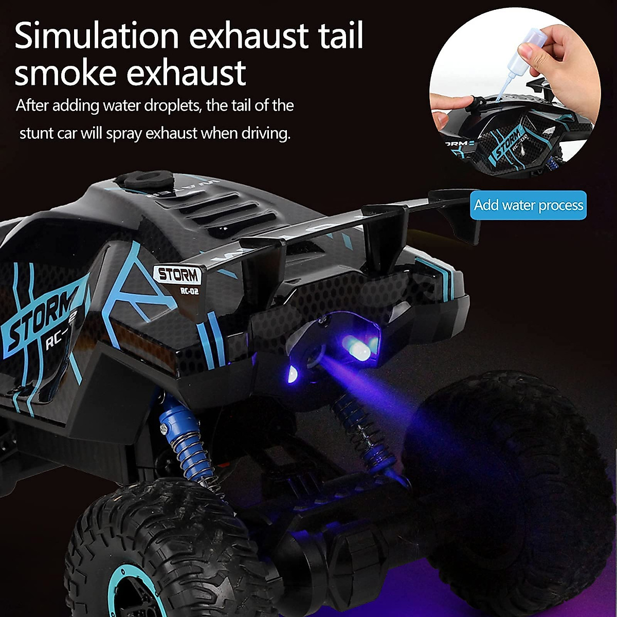 RC Cars Remote Control Car 1:16 4WD Off Road Rock Crawler, 2.4GHz All Terrain Monster Truck with Rear Fog Stream 5 LED Lighting Modes, 2 Battery for 60 Min Play, Toy Car Gift for Kids and Adults