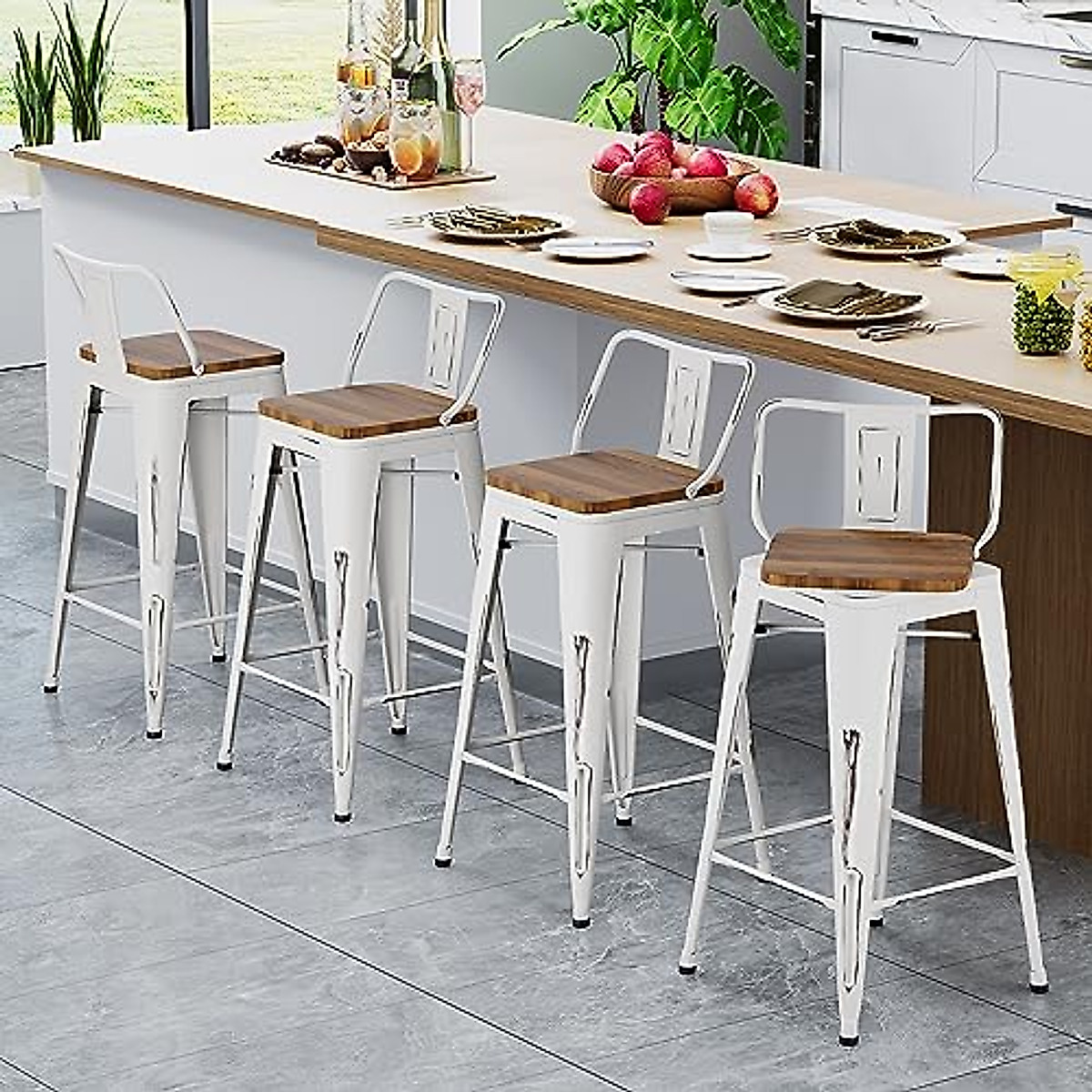 Andeworld 24 Inch Swivel Bar Stools Set of 4 Counter Height Stools Industrial Metal Barstools (24 inch, Distressed White)