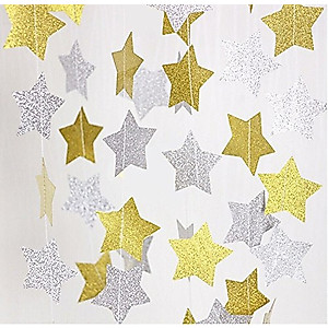 Glitter Silver Paper Star Hanging Garland - Twinkle Star Banner for Baby Shower Backdrop, Birthday Party Wall Decoration, 2.8", Totally 23 ft/7m