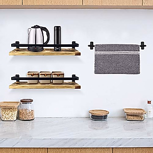 MY RUSTIC Floating Shelves for Wall Mounted with Rails Decorative Storage Shelves for Kitchen, Bathroom, Matte Black Metal Frame - Set of 2