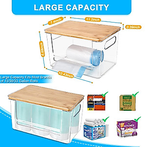 Riian Trash Bag Dispenser, Holder & Organizer with Bamboo Top, Acrylic Storage Container for Under Sink Bag Storage (1pc, Holds 100 Bags, 1300 Gallons)