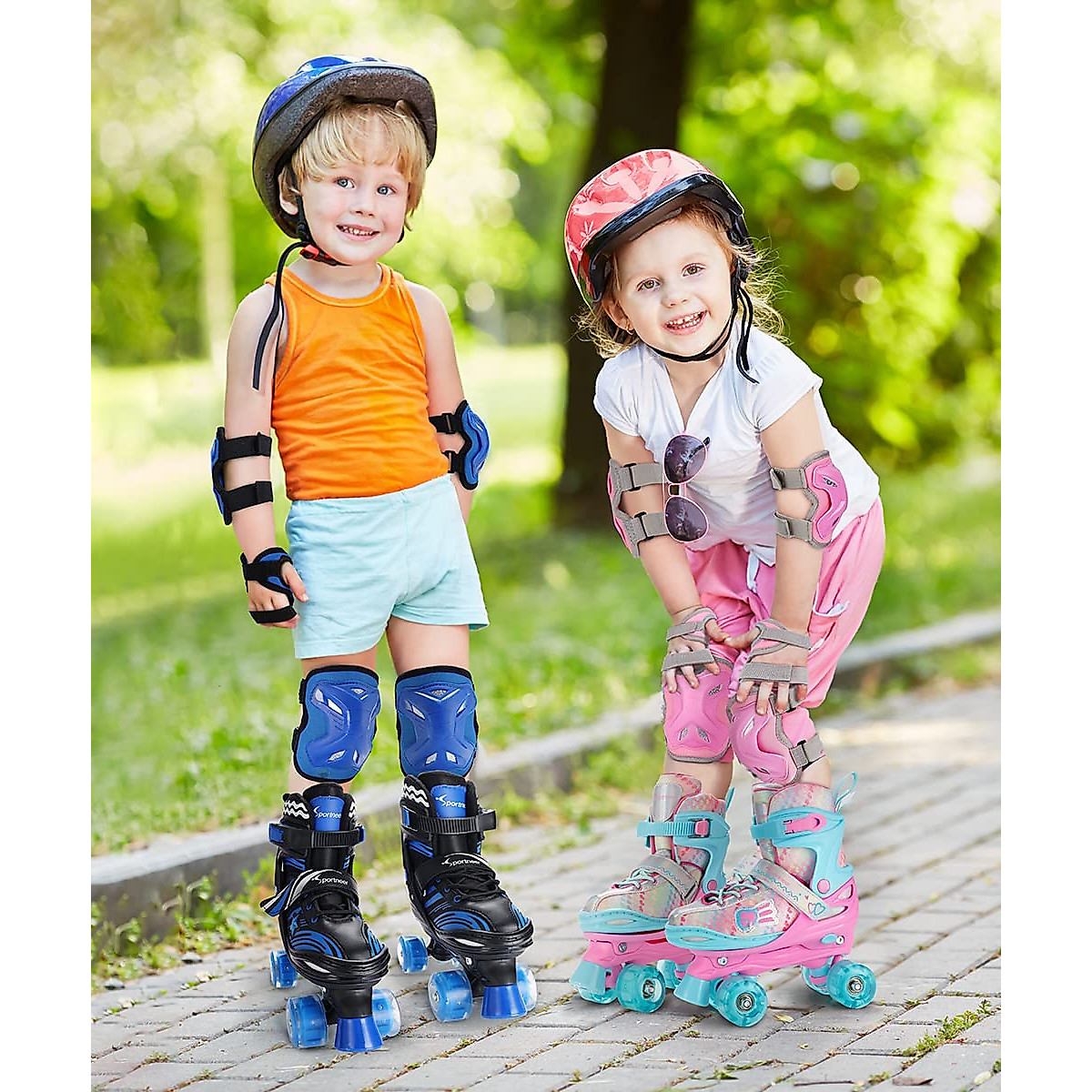 Roller Skates for Boys 4 Sizes Adjustable, Sportneer Light Up Kids Roller Skates for Age 3-5 6-12 Roller Skates with Protective Gears Illuminating Wheels Gift for Kids Toddler Beginner
