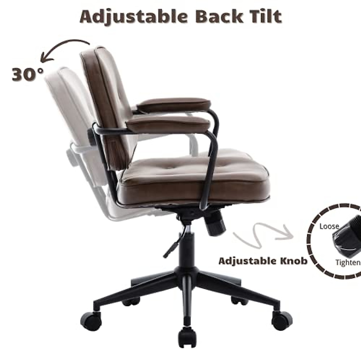 HEAH-YO Modern Home Office Desk Chair, Height-Adjustable Computer Desk Chair with Wheels and Arms, Swivel Task Chair with Back Support for Home Office, PU Brown