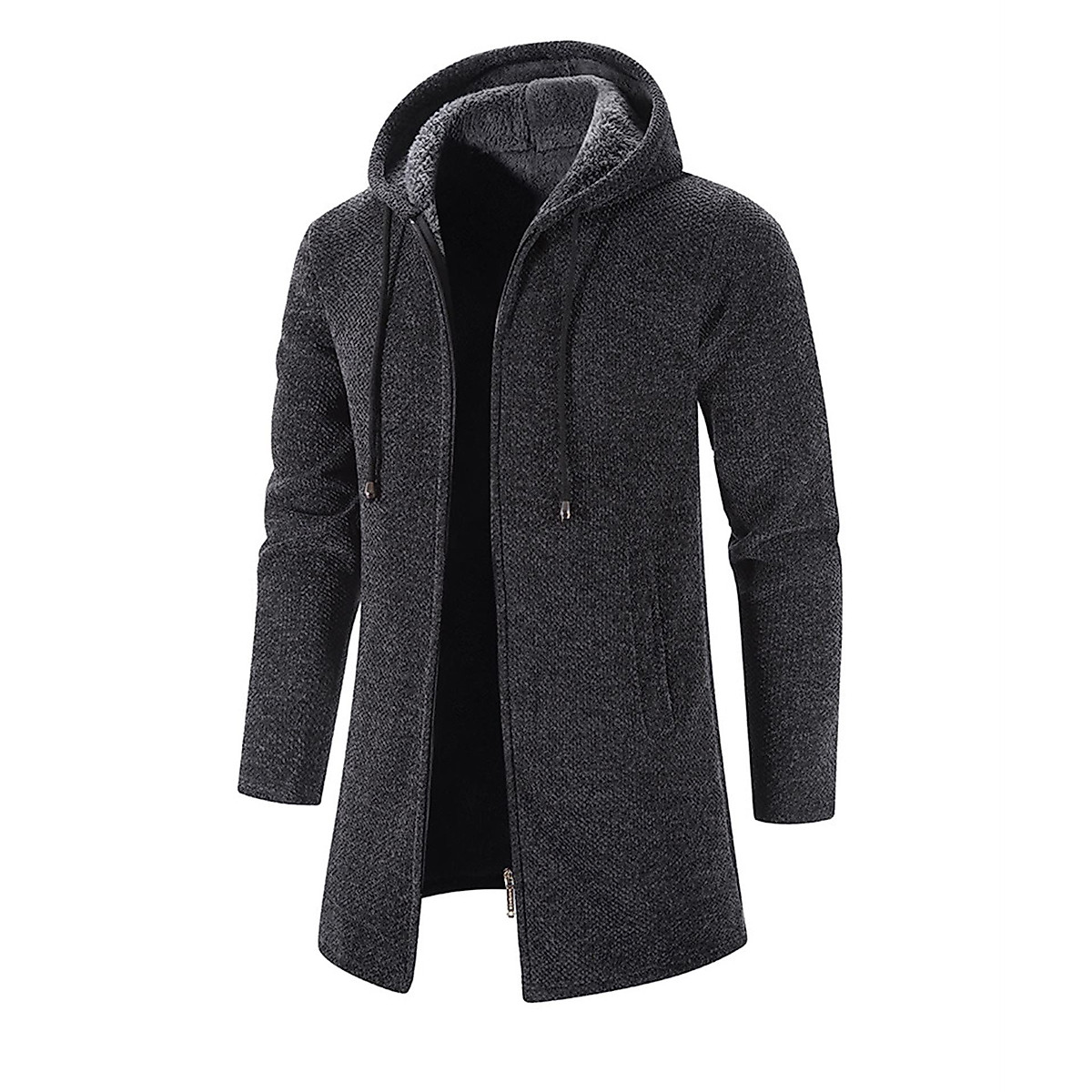Men Long Open Front Cardigan Sweater Full Zip Knitted Hoodie Jacket Longline Hooded Cardigans Sweaters with Pockets (Dark Grey,X-Large)