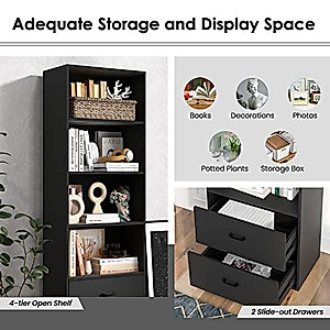 SILKYDRY 74” Tall Bookshelf with 2 Drawers, 4 Tiers Open Storage Shelves, Freestanding Bookcase with Anti-Tip Devices, Wooden Book Organizer Cabinet for Bedroom, Living Room, Home Office (Black)