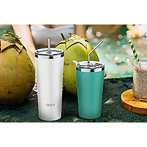 THILY Vacuum Insulated Tumbler Stainless Steel 26 oz Coffee Cup with 2 Lids and Straws, Powder Coated Travel Mug, Keeps Ice Drinks Cold, White